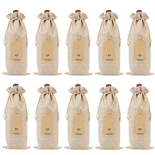 Keniot Burlap Wine Bags Wine Gift Bags with Drawstrings, Single Reusable Wine Bottle Covers with Ropes and Tags (10 Pcs)