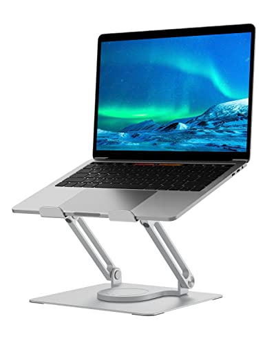 SOUNDANCE Adjustable Laptop Stand with 360° Rotating Heavy Base, Ergonomic Laptop Riser for Desk, Stable Laptop Holder for Collaborative Working, Suit for 10-15.6" PC Computer, Dual Shaft, Silver