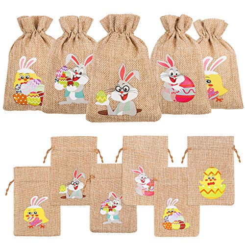 DIYASY Easter Burlap Gift Bags, 36 Pcs Bunny and Chick Candy Bags with Drawstrings for Kids Easter Party Favor