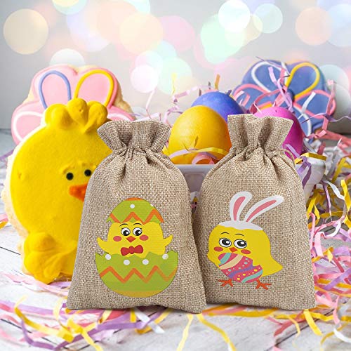 DIYASY Easter Burlap Gift Bags, 36 Pcs Bunny and Chick Candy Bags with Drawstrings for Kids Easter Party Favor