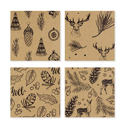 RUSPEPA Christmas Wrapping Paper - Brown Kraft Paper with Black Christmas Elements Print Paper - 4 Roll-30Inch X 10Feet Per Roll