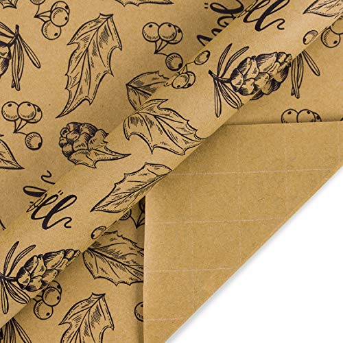 RUSPEPA Christmas Wrapping Paper - Brown Kraft Paper with Black Christmas Elements Print Paper - 4 Roll-30Inch X 10Feet Per Roll