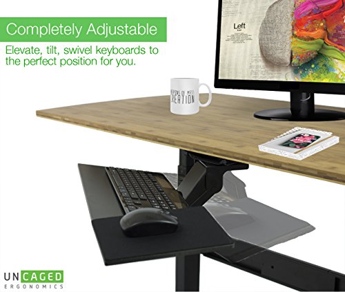 KT1 Ergonomic Under-Desk Computer Keyboard Tray adjustable height angle negative tilt sliding pull out platform swivels 360 slides office products furniture desktop accessories with mouse pad black