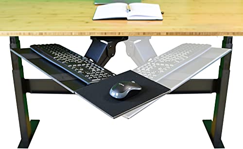 KT1 Ergonomic Under-Desk Computer Keyboard Tray adjustable height angle negative tilt sliding pull out platform swivels 360 slides office products furniture desktop accessories with mouse pad black