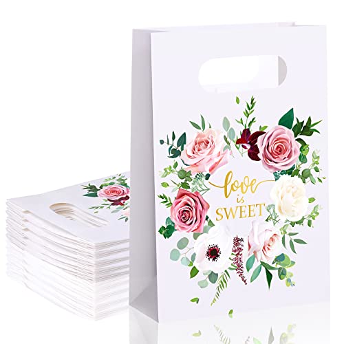 60 Pack Wedding Gift Bags Floral Party Favor Bags Wedding Treat Paper Bags with Handled Candy Buffet Bags Bridal Shower Gifts for Guests, Wedding Party, Birthday, Baby Shower (Classic Style)