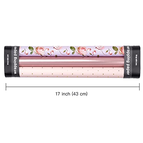 WRAPAHOLIC Wrapping Paper Roll - Mini Roll - 3 Rolls - 17 Inch X 120 Inch Per Roll - Pink and Rose Gold Design for Wedding, Holiday, Party, Baby Shower