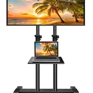 Mobile TV Stand with Wheels for 32 to 70 Inch Flat/Curved Panel Screen TVs Tilting TV Cart Height Adjustable Max VESA 600x400mm Extra Tall Rolling Floor Stand w/Shelf Supports TV up to 99lbs PGTVMC03