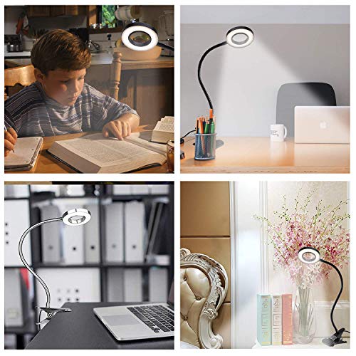 QQAPPU Clip Light Reading Lights 48 LED Clamp-on Desk Lamp with 3 Color Modes and 10 Brightness Dimmable, 360 ° Flexible Gooseneck Book Clamp Light for Video Conference Lighting Headboard