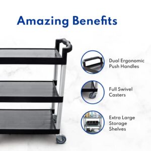 New Star Foodservice 54569 350-Pound Plastic 3-Tier Utility Bus Cart with Locking Casters, 42.5 "x19.5" x 38.5", Gray