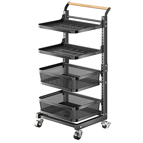 4 Tier Rolling Cart, Hanging Adjustable Utility Cart for Kitchen Pot Holder Office Laundry Bathroom, Black