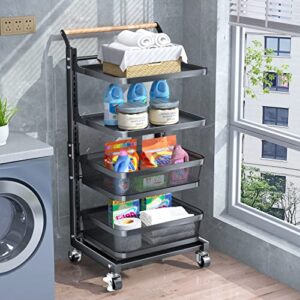 4 Tier Rolling Cart, Hanging Adjustable Utility Cart for Kitchen Pot Holder Office Laundry Bathroom, Black