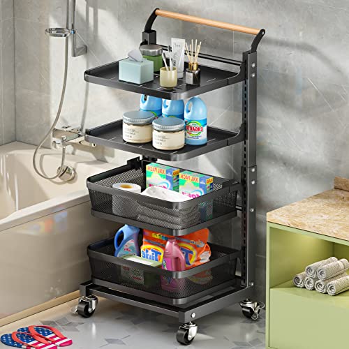 4 Tier Rolling Cart, Hanging Adjustable Utility Cart for Kitchen Pot Holder Office Laundry Bathroom, Black