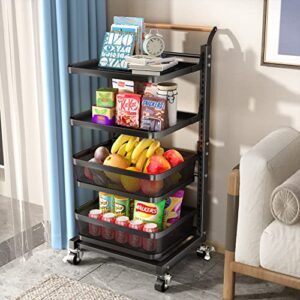 4 Tier Rolling Cart, Hanging Adjustable Utility Cart for Kitchen Pot Holder Office Laundry Bathroom, Black