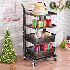 4 Tier Rolling Cart, Hanging Adjustable Utility Cart for Kitchen Pot Holder Office Laundry Bathroom, Black