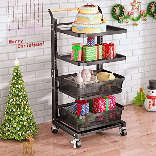 4 Tier Rolling Cart, Hanging Adjustable Utility Cart for Kitchen Pot Holder Office Laundry Bathroom, Black