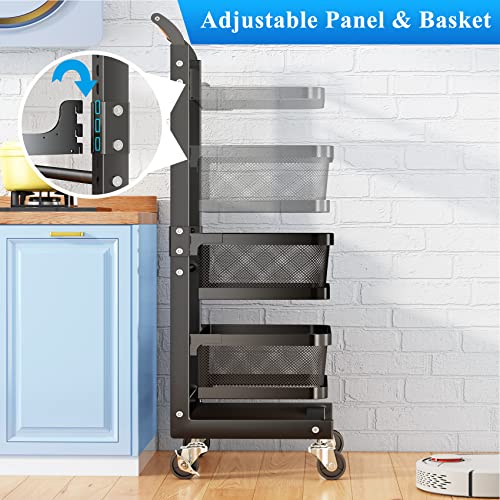 4 Tier Rolling Cart, Hanging Adjustable Utility Cart for Kitchen Pot Holder Office Laundry Bathroom, Black