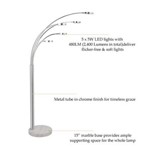 VONLUCE Bright LED Floor Lamp with 5 Lights, Modern Dimmable Task Standing Light Fixture with Stable Marble Base for Living Room Office, Contemporary Touch Arch Pole Lamp with Five Adjustable Heads