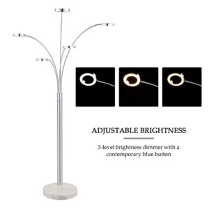 VONLUCE Bright LED Floor Lamp with 5 Lights, Modern Dimmable Task Standing Light Fixture with Stable Marble Base for Living Room Office, Contemporary Touch Arch Pole Lamp with Five Adjustable Heads