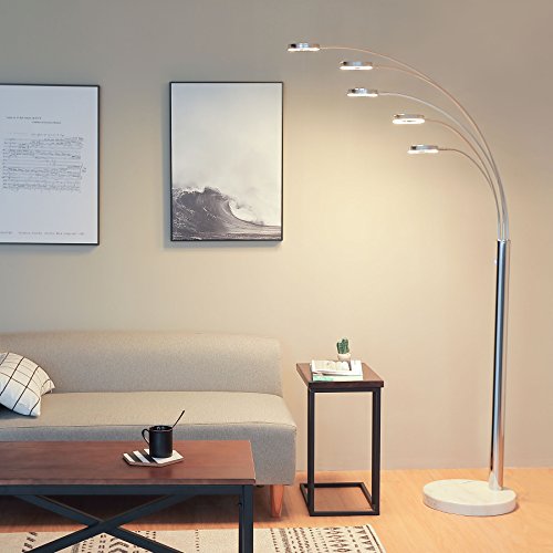 VONLUCE Bright LED Floor Lamp with 5 Lights, Modern Dimmable Task Standing Light Fixture with Stable Marble Base for Living Room Office, Contemporary Touch Arch Pole Lamp with Five Adjustable Heads