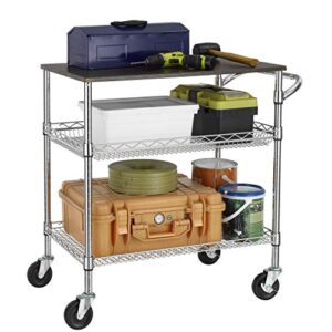 Finnhomy 3 Tier Heavy Duty Commercial Grade Utility Cart with Wood Top, Wire Rolling Cart with Handle Bar, Steel Service Cart with Wheels, Utility Shelf Food Storage Trolley, NSF Listed