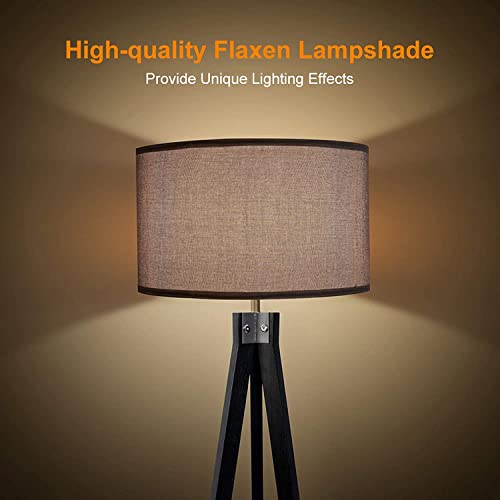 LEPOWER Wood Tripod Floor Lamp, Mid Century Standing Lamp, Modern Design Standing Lamp for Living Room, Bedroom, Study Room and Office, Flaxen Lamp Shade with E26 Lamp Base