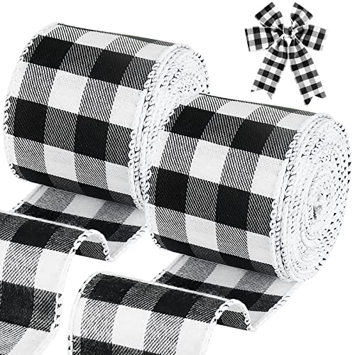 Tenn Well Black and White Plaid Ribbon, 19.6 Yards 2.5 inch Wired Christmas Buffalo Check Ribbon for Bow Making, Gift Wrapping, Wreath, Christmas Tree Decoration (2 Roll x 9.8 Yards)