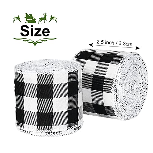 Tenn Well Black and White Plaid Ribbon, 19.6 Yards 2.5 inch Wired Christmas Buffalo Check Ribbon for Bow Making, Gift Wrapping, Wreath, Christmas Tree Decoration (2 Roll x 9.8 Yards)