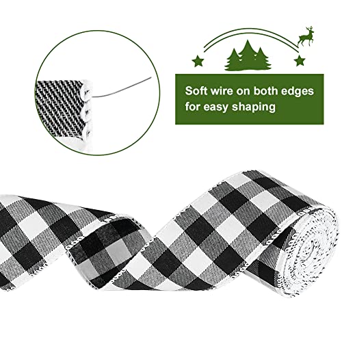 Tenn Well Black and White Plaid Ribbon, 19.6 Yards 2.5 inch Wired Christmas Buffalo Check Ribbon for Bow Making, Gift Wrapping, Wreath, Christmas Tree Decoration (2 Roll x 9.8 Yards)