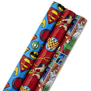 hallmark justice league wrapping paper bundle with cut lines on reverse (3 rolls – 60 sq. ft. ttl) wonder woman, batman, superman, flash, green lantern