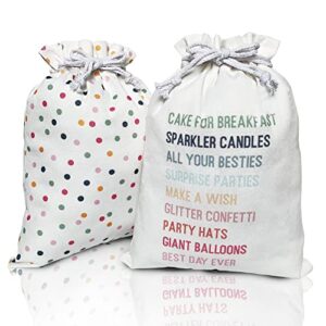 gather & knot drawstring gift bags | 16″ medium | happy birthday | premium canvas | reusable fabric wrap for kids, adults | gender neutral | mix & match set