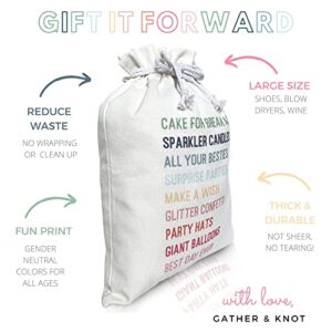 Gather & Knot Drawstring Gift Bags | 16" Medium | Happy Birthday | Premium Canvas | Reusable Fabric Wrap for Kids, Adults | Gender Neutral | Mix & Match Set