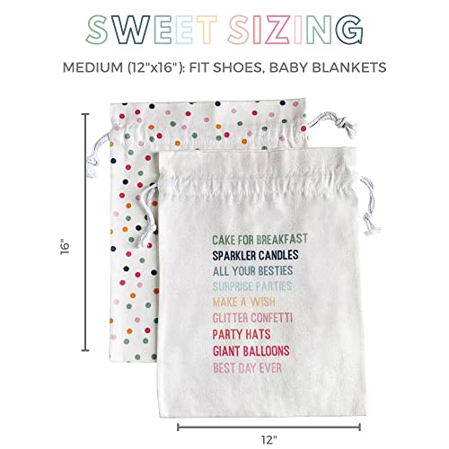 Gather & Knot Drawstring Gift Bags | 16" Medium | Happy Birthday | Premium Canvas | Reusable Fabric Wrap for Kids, Adults | Gender Neutral | Mix & Match Set