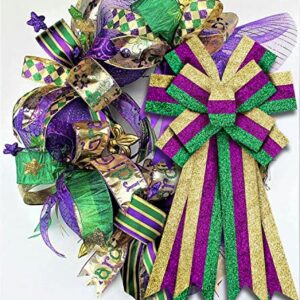 Hying Mardi Gras Ribbons for Wreath Bows, Glitter Gold Purple Green Wired Edge Ribbons Mardi Gras Stripes Craft Ribbons for Gift Wrapping Fat Tuesday Carnival Party Decoration Supplies, 2.5"×10 Yards