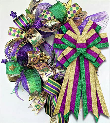 Hying Mardi Gras Ribbons for Wreath Bows, Glitter Gold Purple Green Wired Edge Ribbons Mardi Gras Stripes Craft Ribbons for Gift Wrapping Fat Tuesday Carnival Party Decoration Supplies, 2.5"×10 Yards