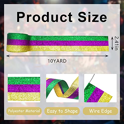 Hying Mardi Gras Ribbons for Wreath Bows, Glitter Gold Purple Green Wired Edge Ribbons Mardi Gras Stripes Craft Ribbons for Gift Wrapping Fat Tuesday Carnival Party Decoration Supplies, 2.5"×10 Yards