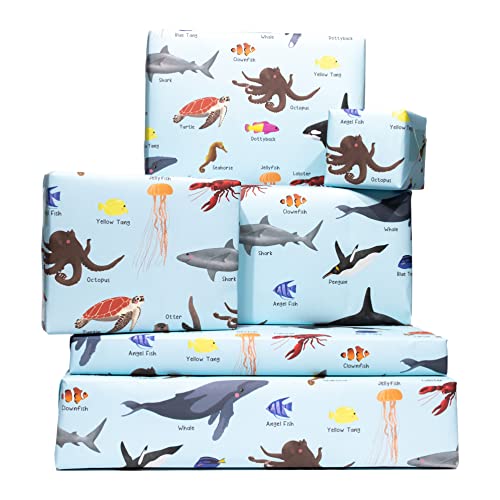 CENTRAL 23 - Wrapping Paper for Boys - 6 Sheets of Gift Wrap for Girls - Ocean Animals - Whale Dolphin Turtle Shark - Cute Blue Birthday Gift Wrap for Kids - Made in the UK