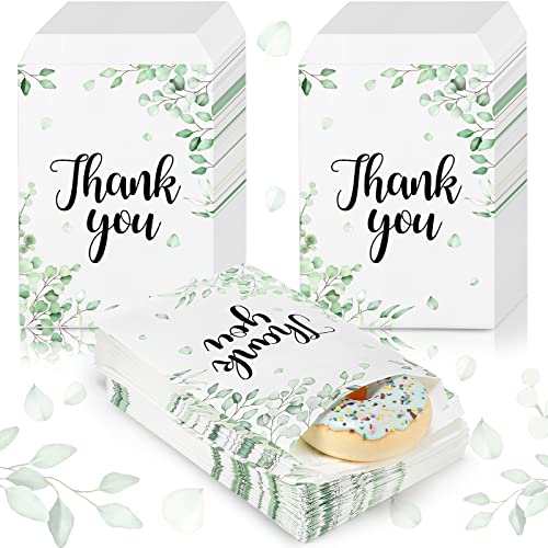 200 Pack Thank You Paper Treat Bags Greenery Eucalyptus Candy Buffet Bags Paper Cookie Bags Thank You Favor Bags Goodie Bags for Wedding Baby Shower Birthday Party Favors, Cookies, Goodies