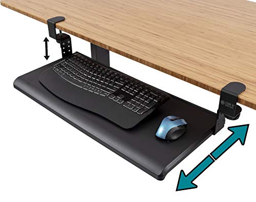 Stand Up Desk Store Large Clamp-On Retractable Adjustable Height Under Desk Keyboard Tray | for Desks Up to 1.5" (Large, 33" Wide)