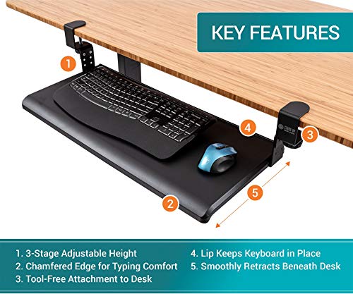 Stand Up Desk Store Large Clamp-On Retractable Adjustable Height Under Desk Keyboard Tray | for Desks Up to 1.5" (Large, 33" Wide)