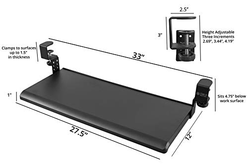 Stand Up Desk Store Large Clamp-On Retractable Adjustable Height Under Desk Keyboard Tray | for Desks Up to 1.5" (Large, 33" Wide)