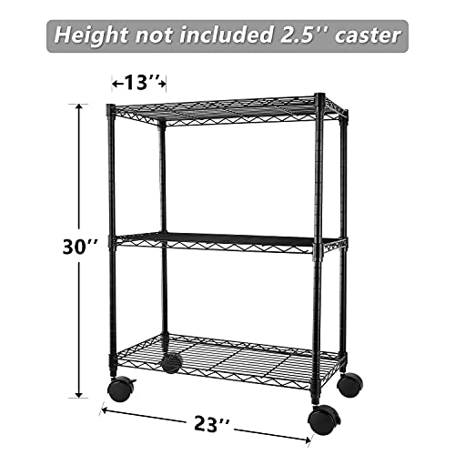 Simple Deluxe Heavy Duty 3-Shelf Shelving with Wheels, Adjustable Storage Units, Steel Organizer Wire Rack, 23" W x 13" D x 30" H, Black (HKSHLF23133003BPCLITE)