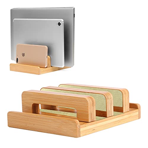 muchly Vertical Laptop Stand - 3 Slots for Computer, Tablet, Phone .Natural Wood, Adjustable Dock, for Devices Up to 5" to 1.2" Thick (Yellow Bamboo Wood)…