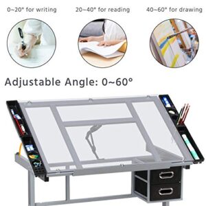 Yaheetech Adjustable Glass Drafting Table Drawing Desk Diamond Art Desk Versatile Art Craft Station Study Table w/ 2 Slide Rolling Wheels and Drawers for Artist Painters Home Office