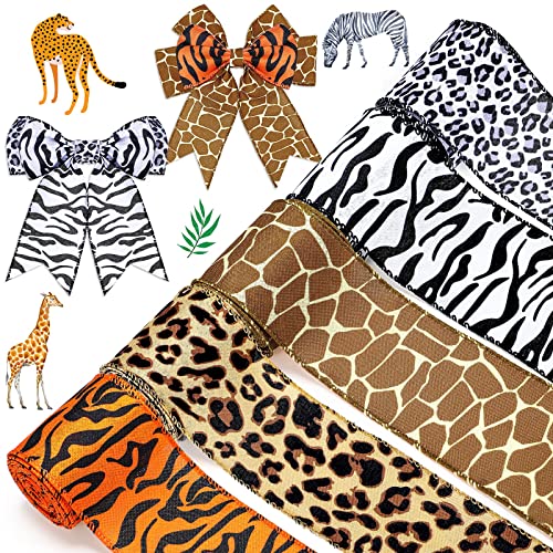 5 Rolls Jungle Animal Wired Ribbons 2.5 Inch Safari Animal Burlap Wrapping Ribbon for Crafts Leopard Zebra Cheetah Green Leaves Printed Ribbon for DIY Craft, Wild One Party Decor (Cool Style)