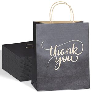 leafipo 50 pcs black paper bags with handles bulk, thank you gift bags medium size 8 x 4.75 x 10, kraft paper bags for small business, shopping, wedding, party, retail, goodies, wholesales, boutique