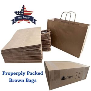 Qutuus 16x6x12 Inch 100 Pcs Kraft Paper Bags with Handles Bulk, Kraft Shopping Bags, Brown Paper Bags with Handles, Large Paper Bags for Small Business, Boutique Bags, Kraft Bags, Brown Gift Bags