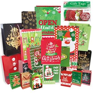 24 christmas gift bags assorted sizes with 60-count christmas gift tags（bulk set,6 xl,6 large,6 medium,6 small）