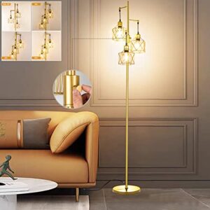 decorative gold floor lamp,3-light farmhouse floor lamps for living room with smooth dimmable ( adjust brightness nightlight ), modern style standing tall lamp of diamond cage – bulb included