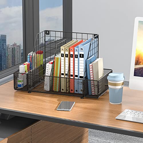 Magazine Holder Rack, Vertical Desk File Organizer,Metal Mesh Folder Binder Holder with 3 Adjustable File Compartments 2 Pen Organizers, Paper File Rack Home Office Desk Organizers and Accessorie