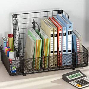 magazine holder rack, vertical desk file organizer,metal mesh folder binder holder with 3 adjustable file compartments 2 pen organizers, paper file rack home office desk organizers and accessorie